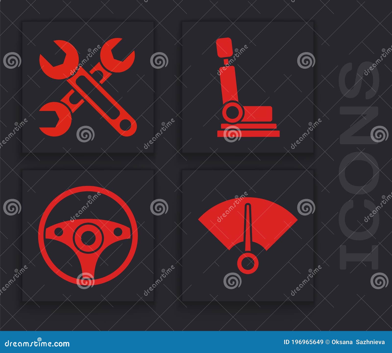 Set Speedometer, Wrench, Car Seat and Steering Wheel Icon. Vector Stock ... Set Speedometer, Wrench, Car Seat and Steering Wheel Icon. Vector Stock ...