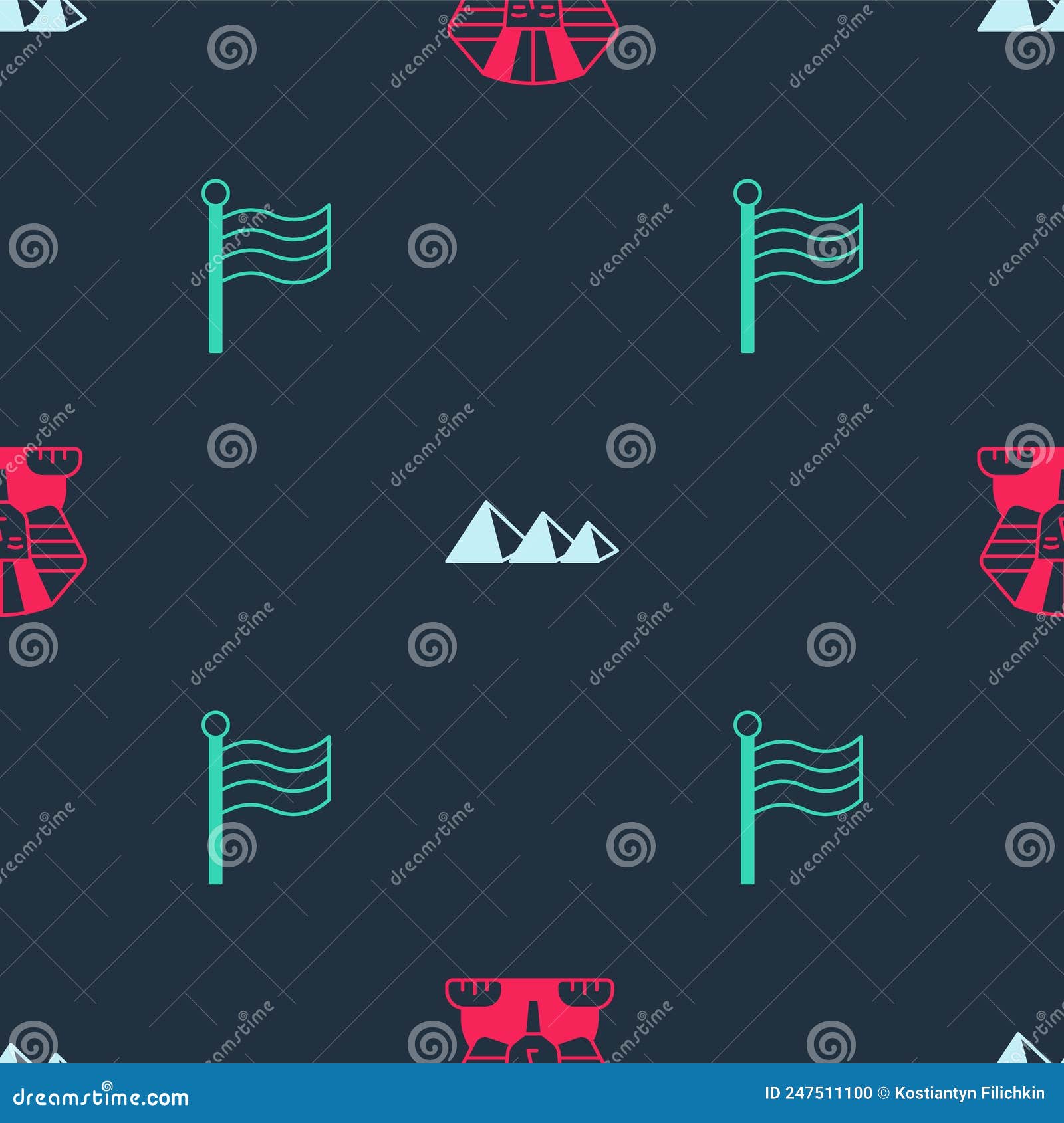 Set Sphinx, Egypt Pyramids and Flag of on Seamless Pattern. Vector ...