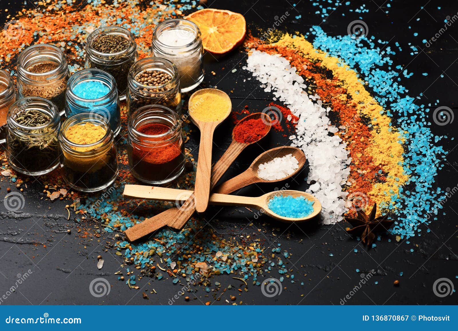 Set of Spices on Grey Background. Composition of Colored Salt Stock ...