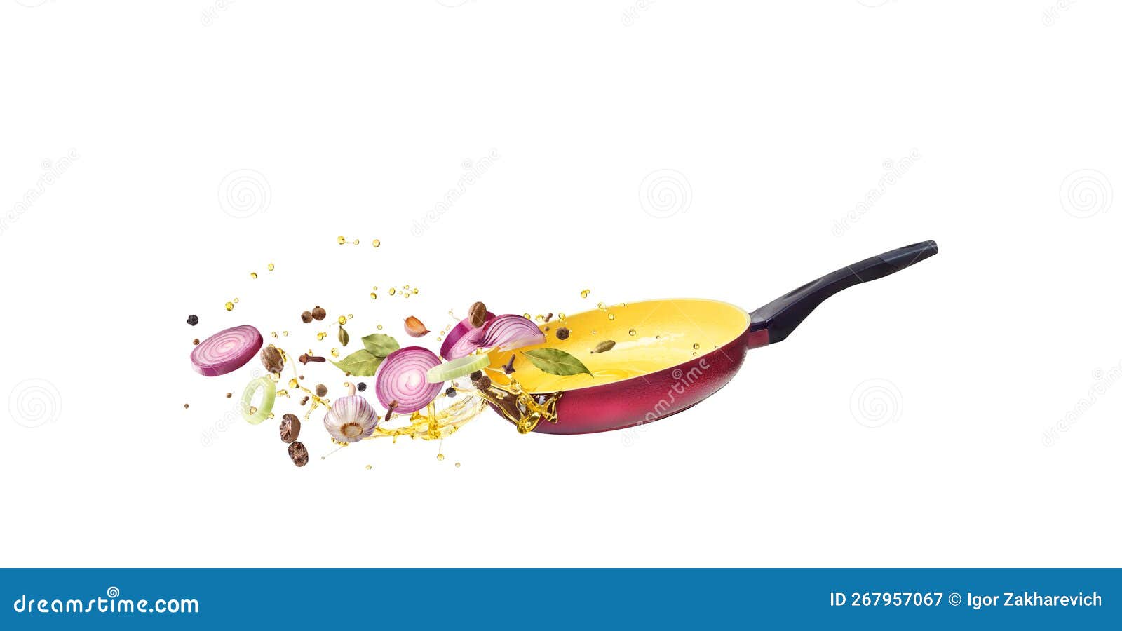 A Set of Spices with Onions are Flying. Spices with Oil on a White ...