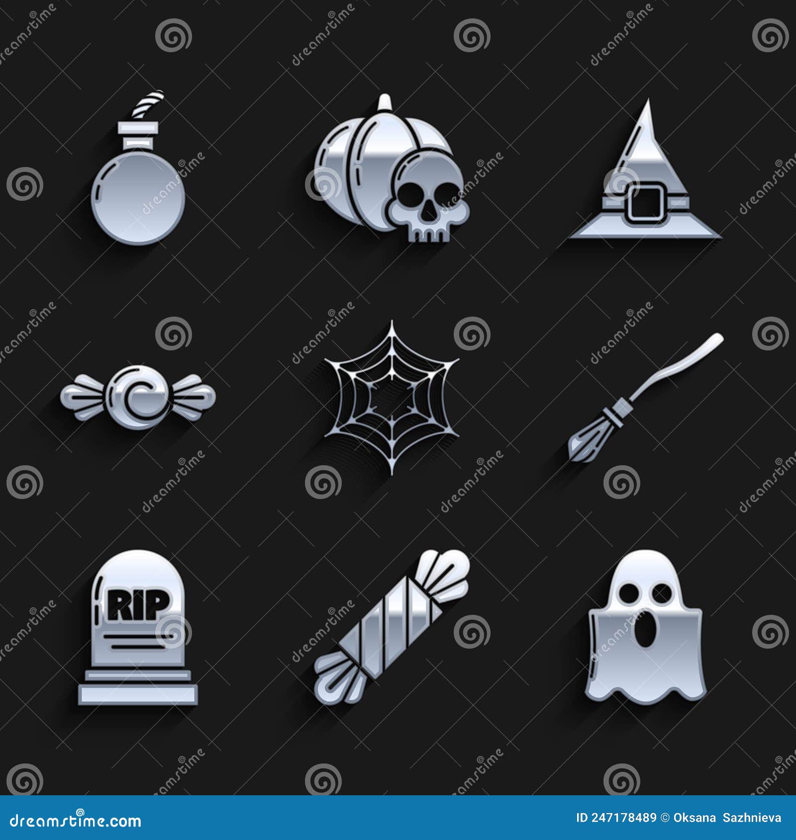 Set Spider Web, Candy, Ghost, Witches Broom, Tombstone with RIP, Hat ...