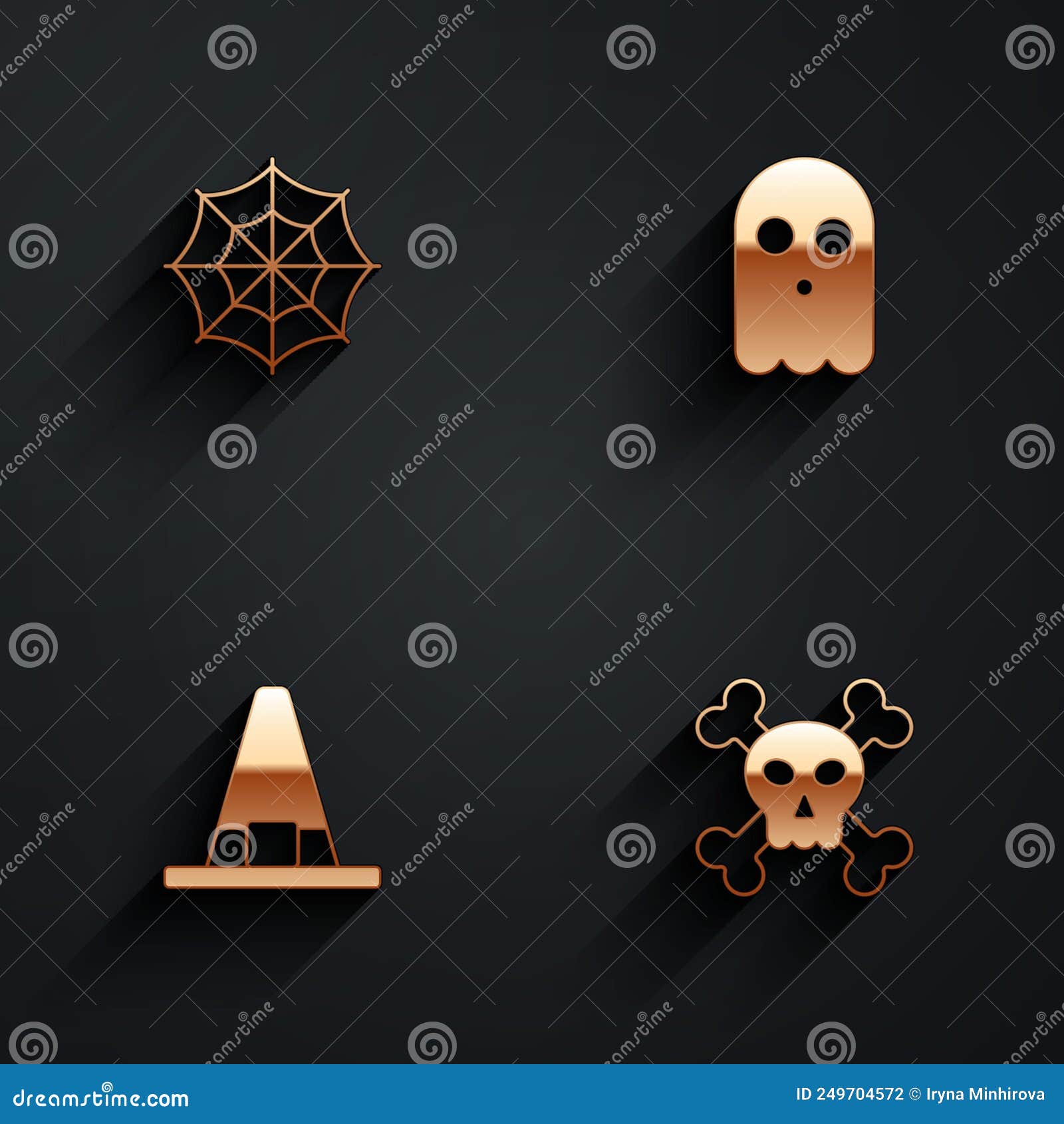 Set Spider Web, Ghost, Witch Hat and Skull on Crossbones Icon with Long ...
