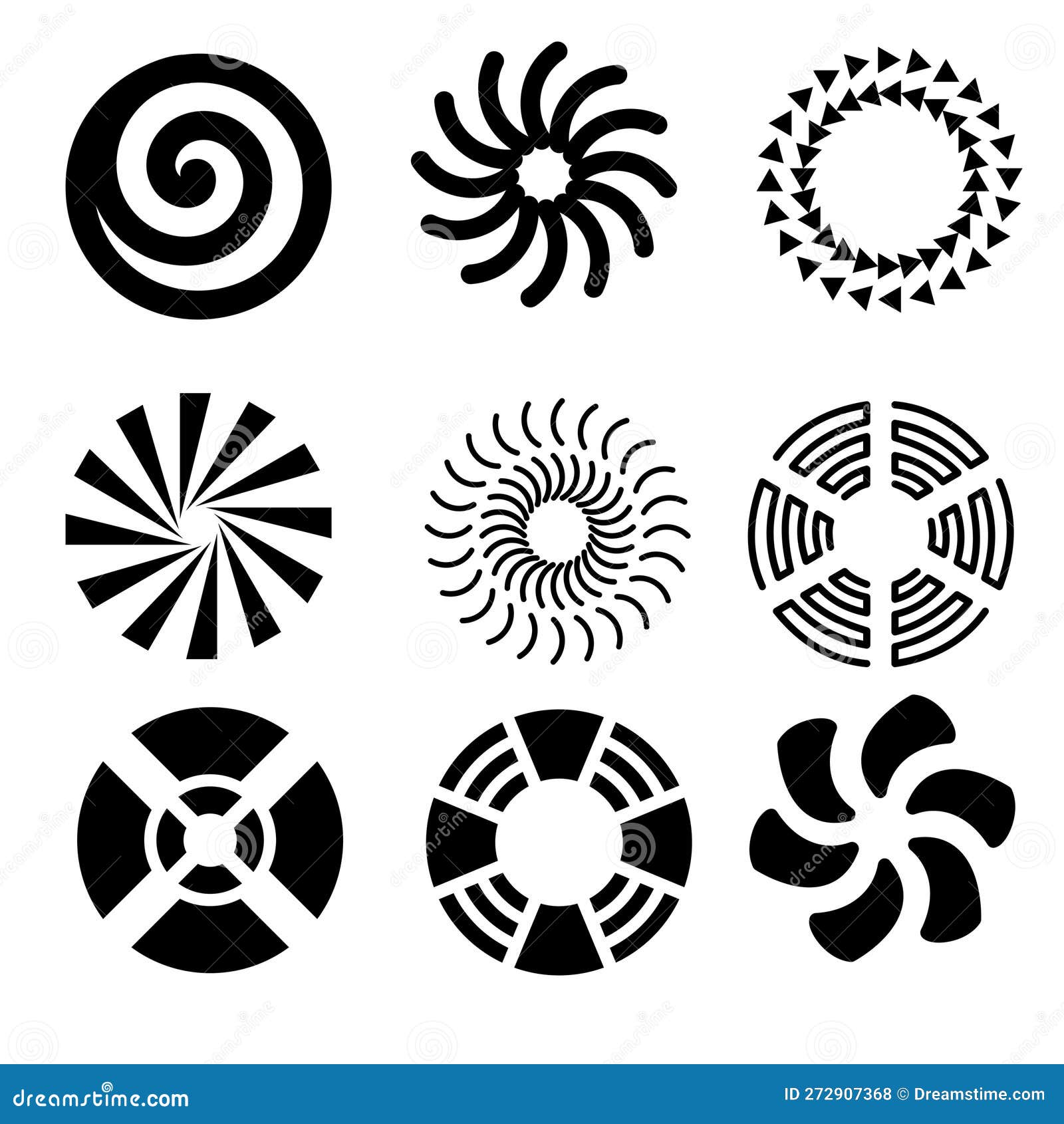 Set of Spiral and Circles Elements, Black Isolated Objects. Icons Set ...