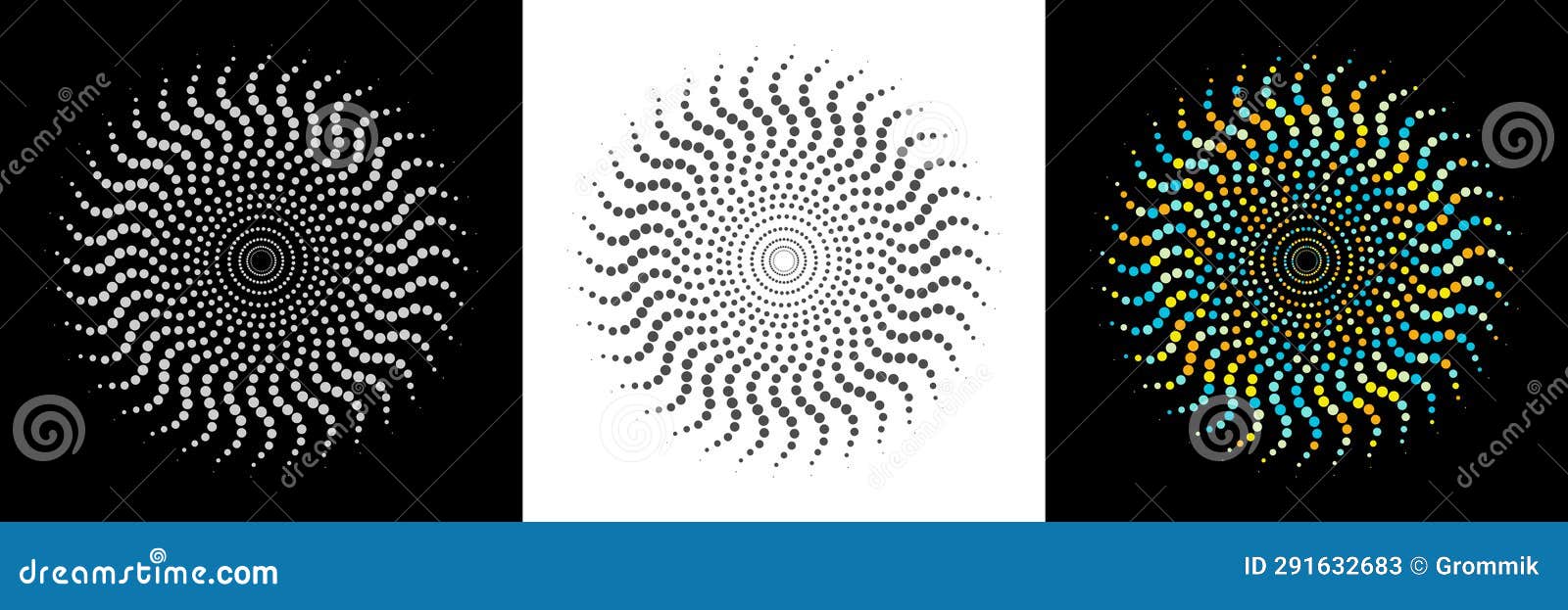 A Set of Spiral Circular Patterns. Twisted Tortuous Rays of Dots Stock ...