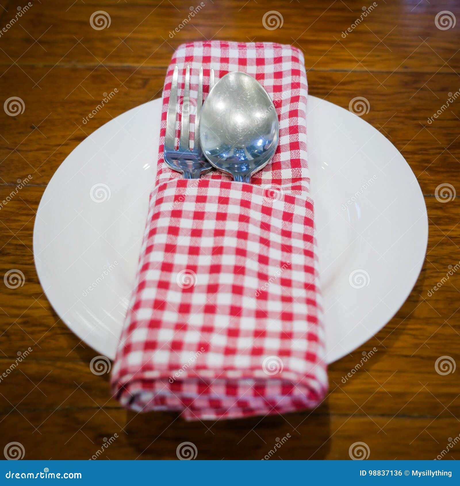 Set of Spoon and Fork on White Plate Stock Photo - Image of metal ...