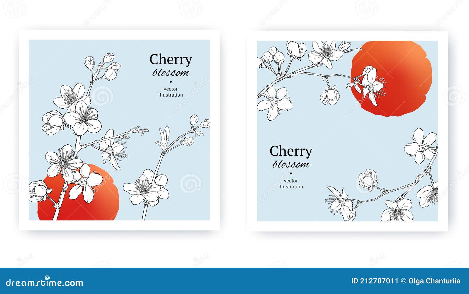 Set of Spring Backgrouds with Sakura Branch and Red Sun. Cherry ... Set of Spring Backgrouds with Sakura Branch and Red Sun. Cherry ...