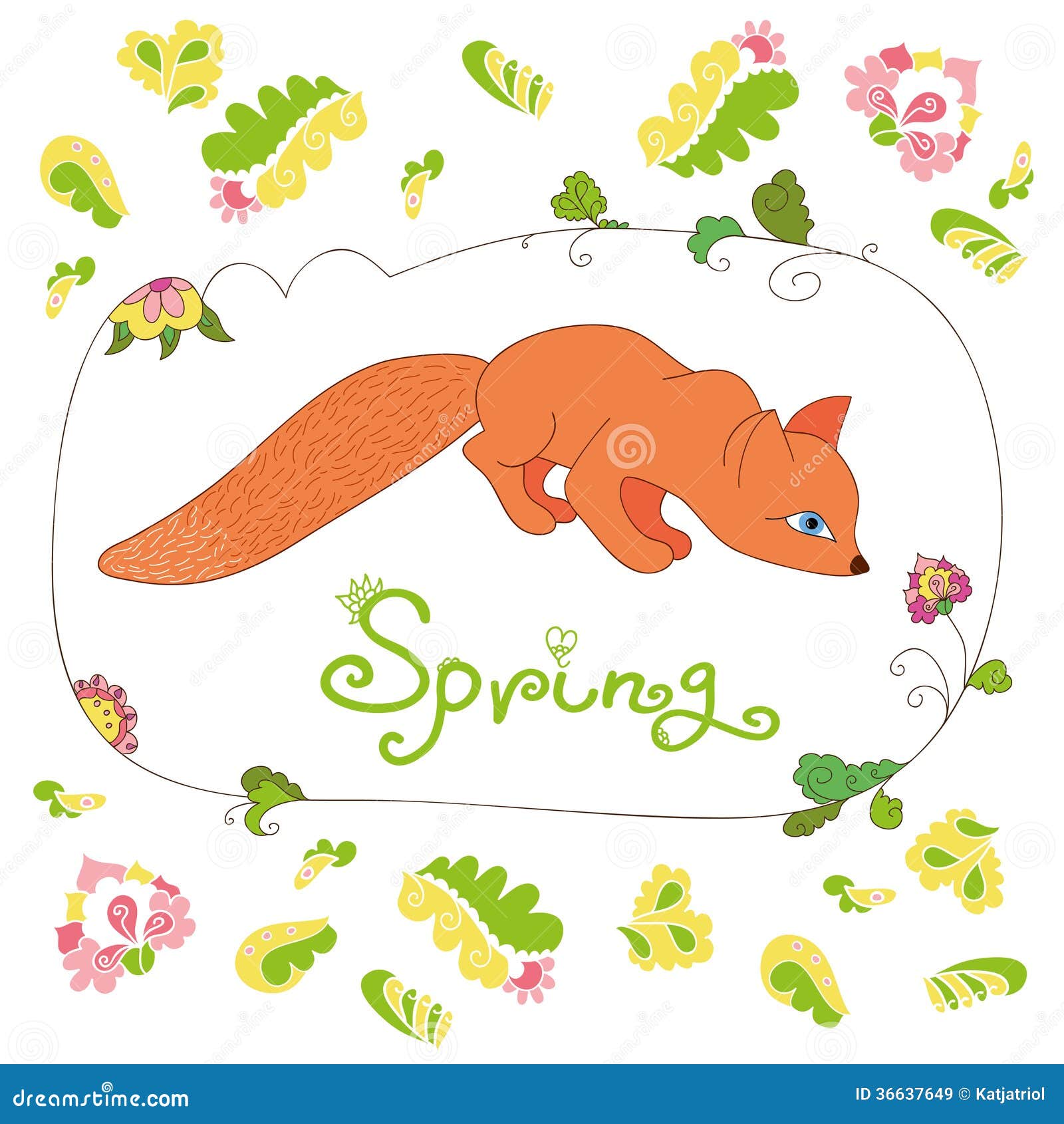 Set of Spring Flowers and Leaves and Cute Fox Stock Vector ...