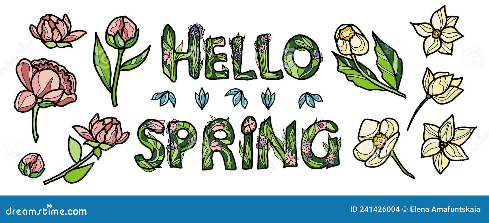 Set with Spring Flowers with a Stylized Inscription. Stock Illustration ...