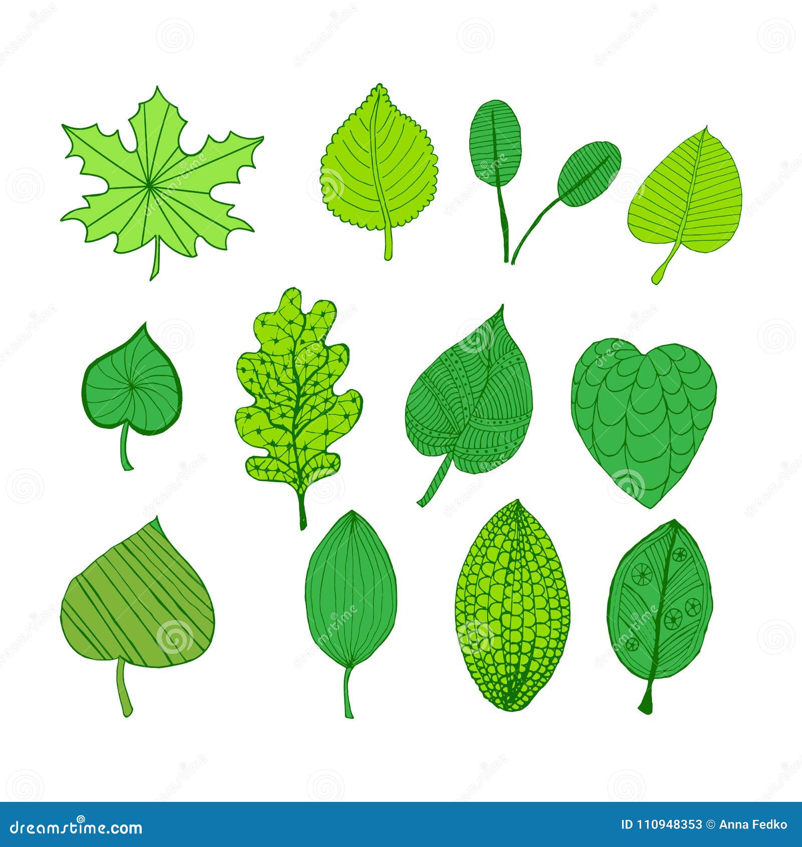 Set of Spring Green Doodle Decorative Leaves Stock Vector ...