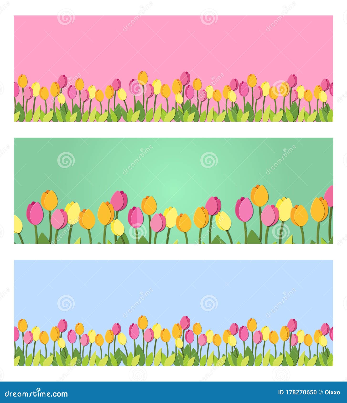 Set of Spring Paper Cut Tulips Horizontal Banners. Collection of ...