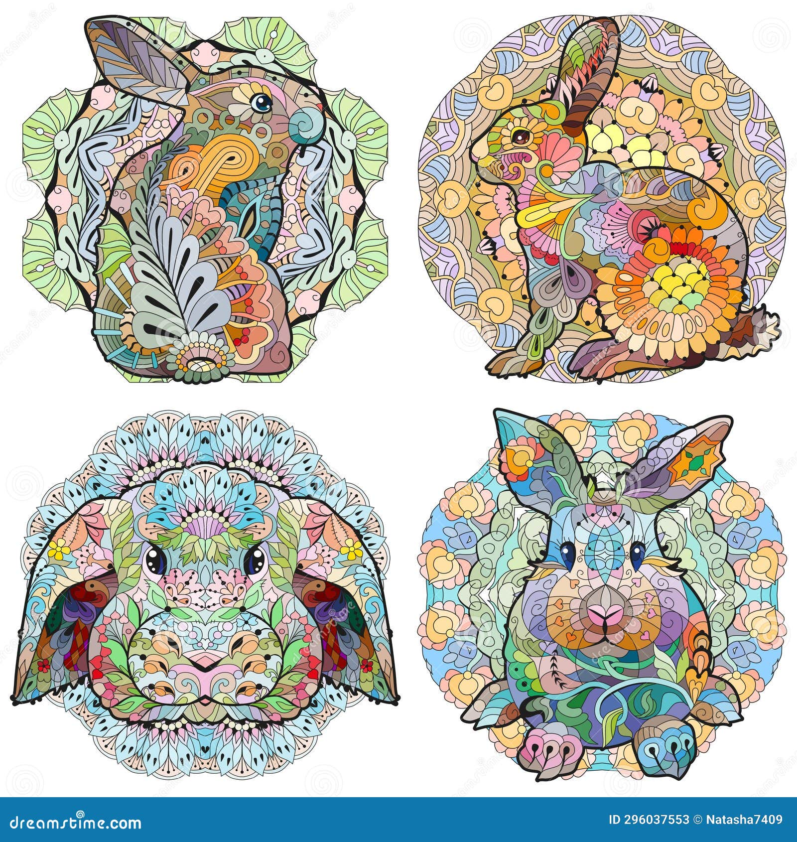 Set of Spring Rabbits on Mandala for Decoration. Colorful Vector ...