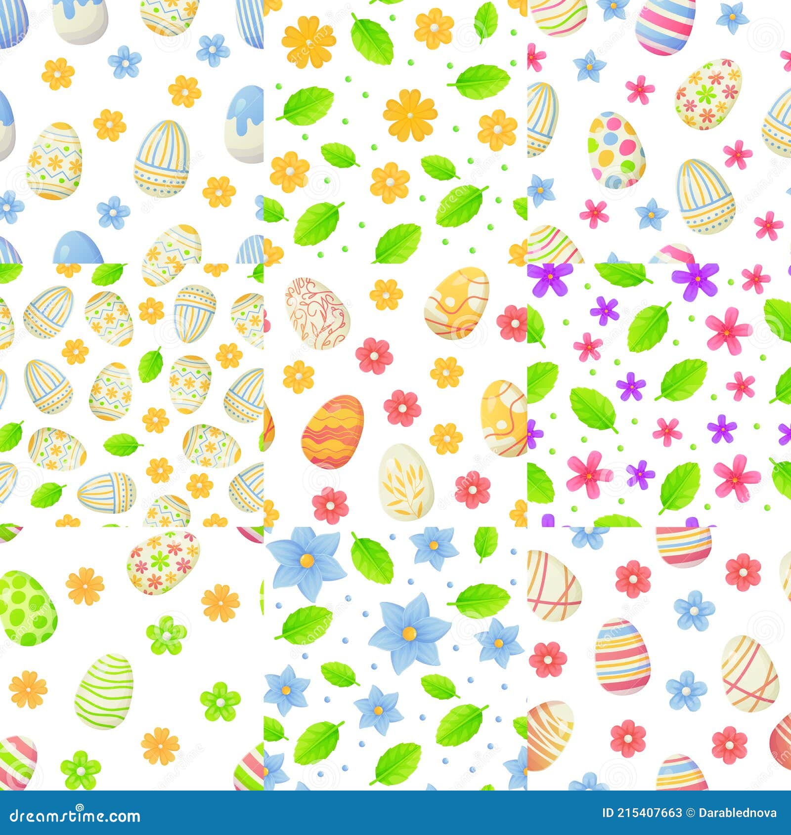 Set of Spring Seamless Patterns with Easter Egg, Flowers and Leaves ...