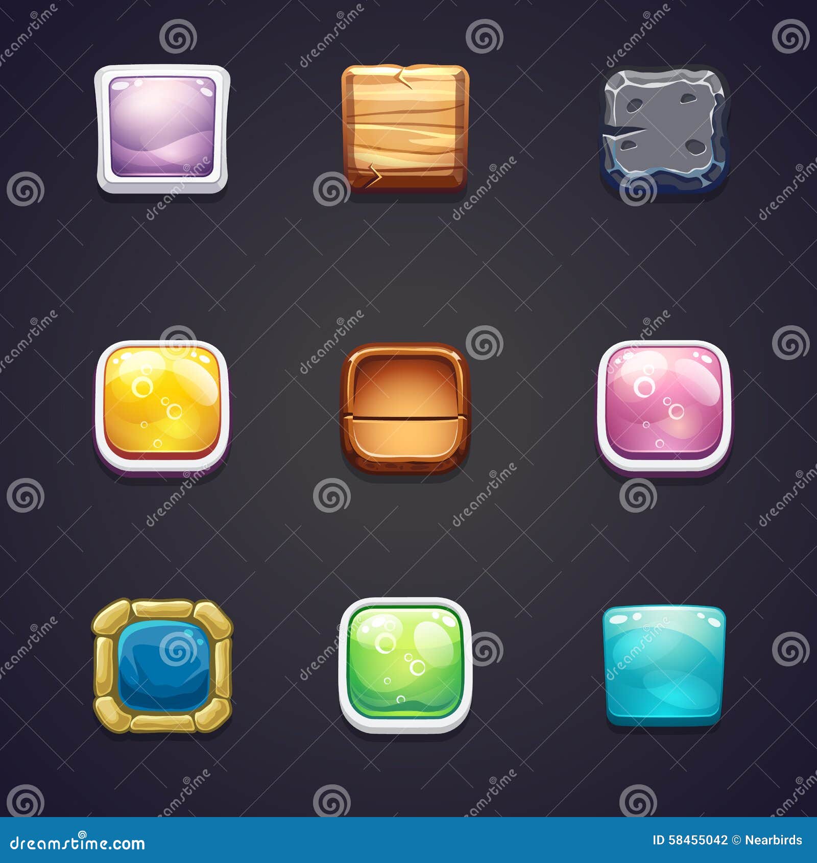 Set of Square Buttons of Different Materials for the Web Design and ...