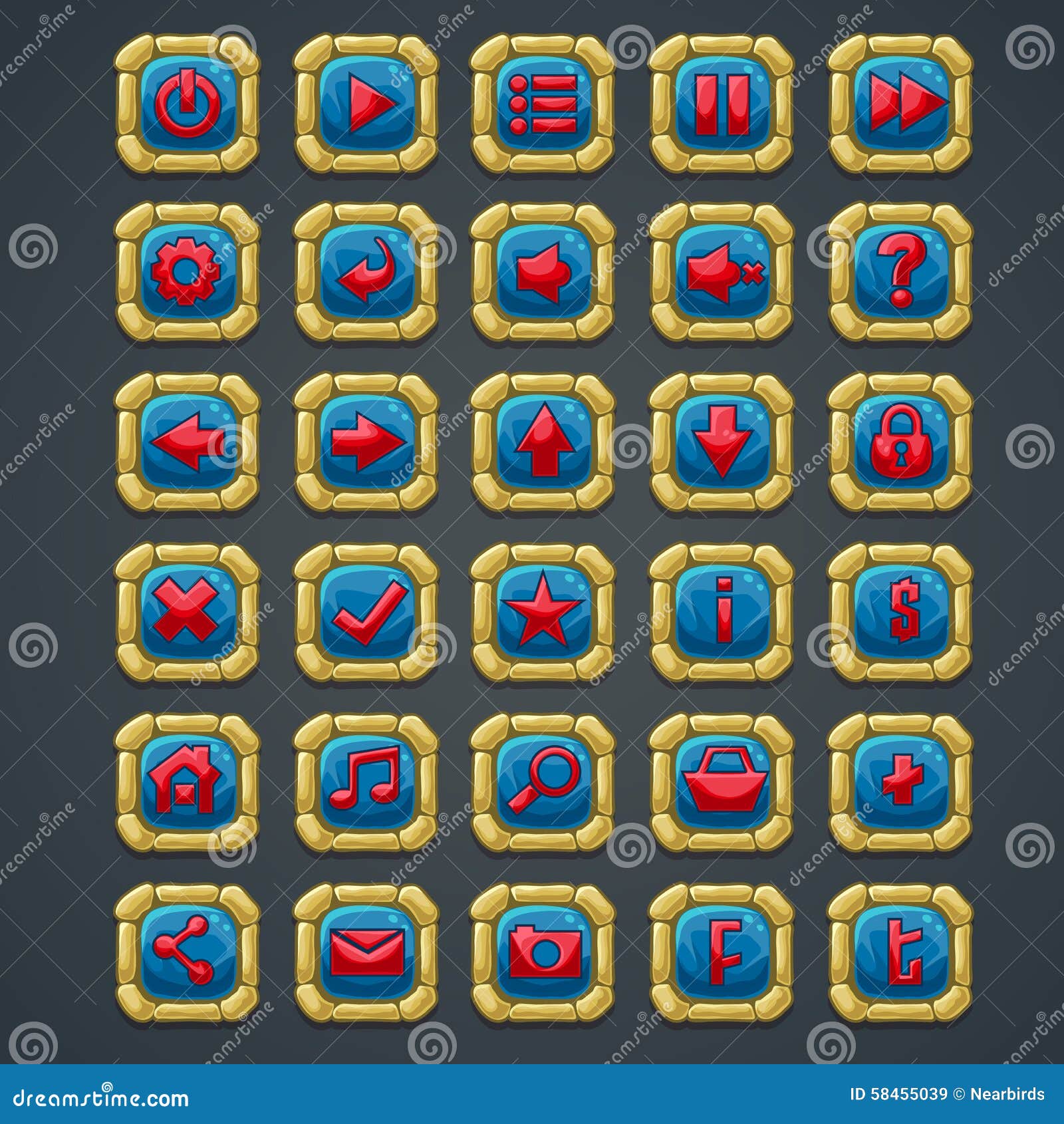 Set of Square Buttons with Stone Elements and Symbols for Web Interface ...