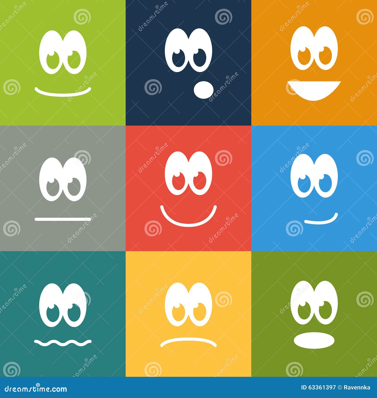 Set of 9 Square Emoticons in Solid Colors Stock Vector - Illustration ...