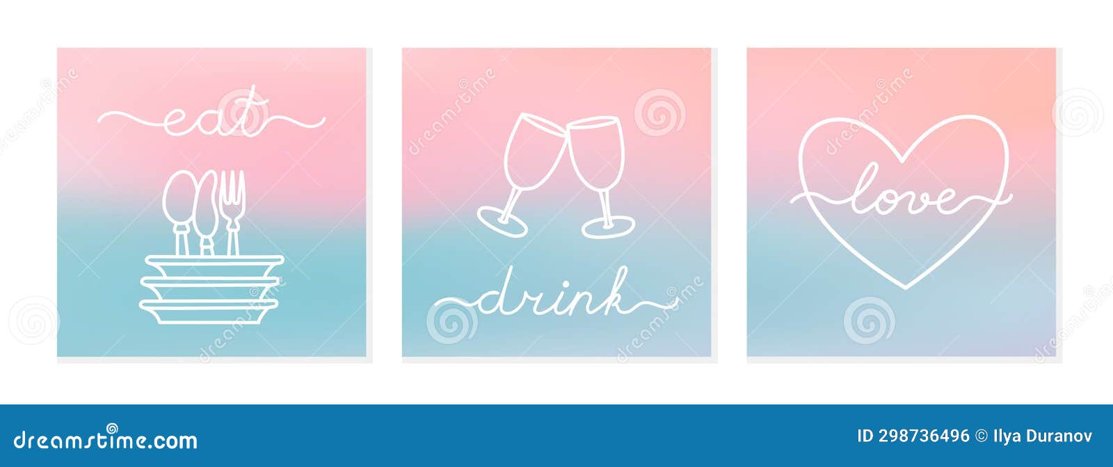 Set of 3 Square Illustrations with Text - Eat, Drink, Love. Kitchen ...