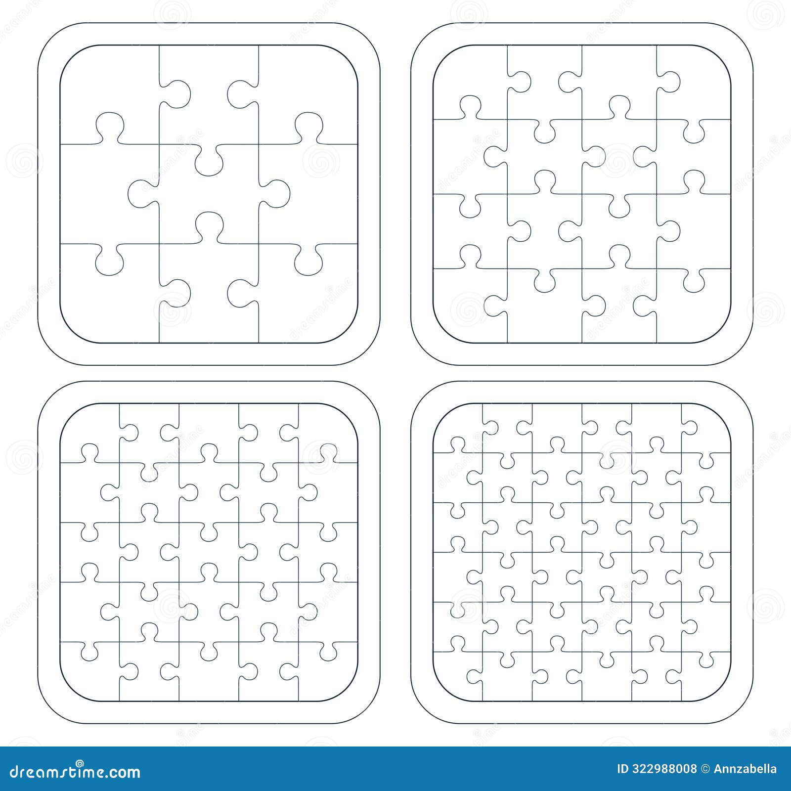 Set of Square Puzzles 3, 4, 5 and 6 Pieces Each Side with Rounded Corners, Set of Jigsaw Vector ...