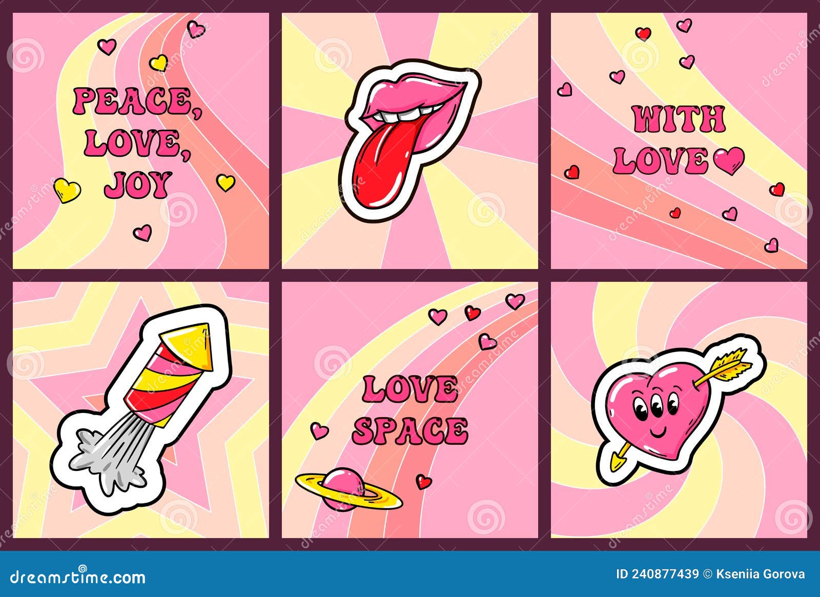 Set of Square Trendy Love Posters with Cute Comic Illustrations. Groovy ...