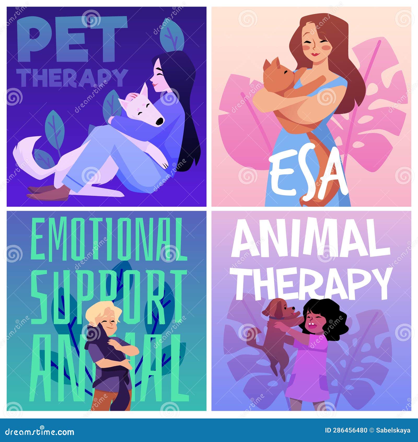 Set of Squared Banners about Emotional Support Animal Flat Style Stock ...