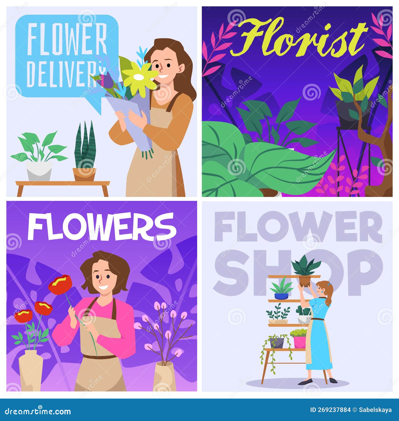 Set of Squared Banners about Florist Flat Style, Vector Illustration ...