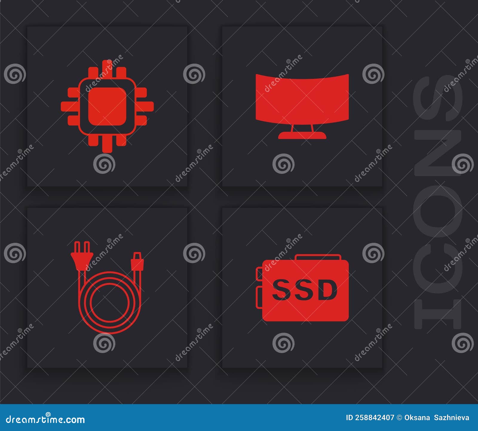 Set Ssd Card Processor With Cpu Computer Monitor Screen And Electric Plug Icon Vector Stock