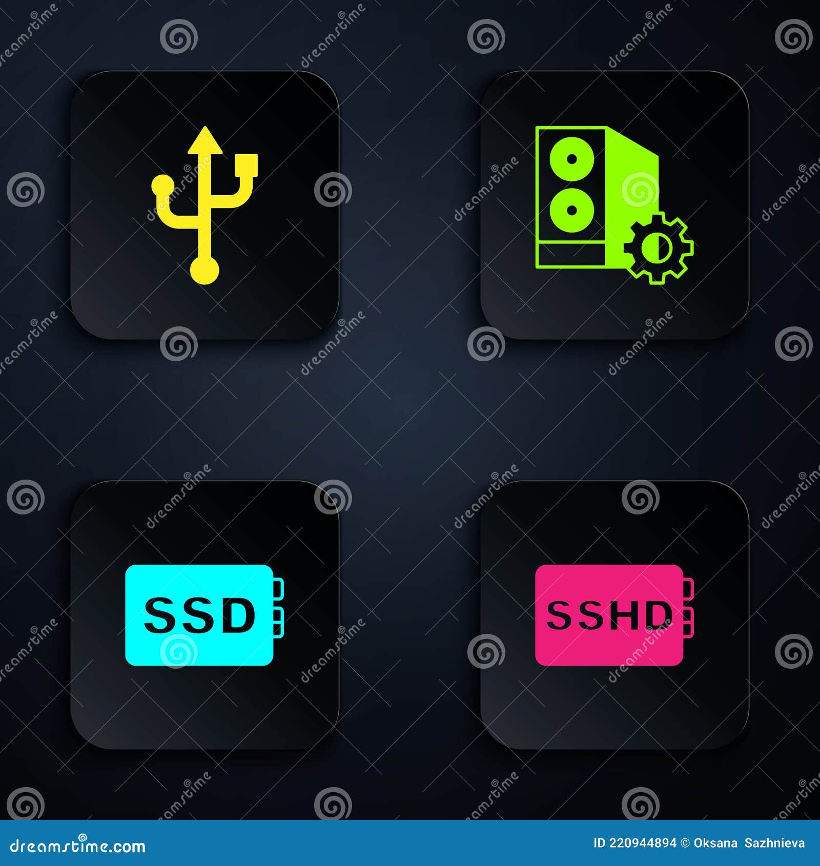 Set SSHD Card, USB, SSD and Case of Computer. Black Square Button Stock ...