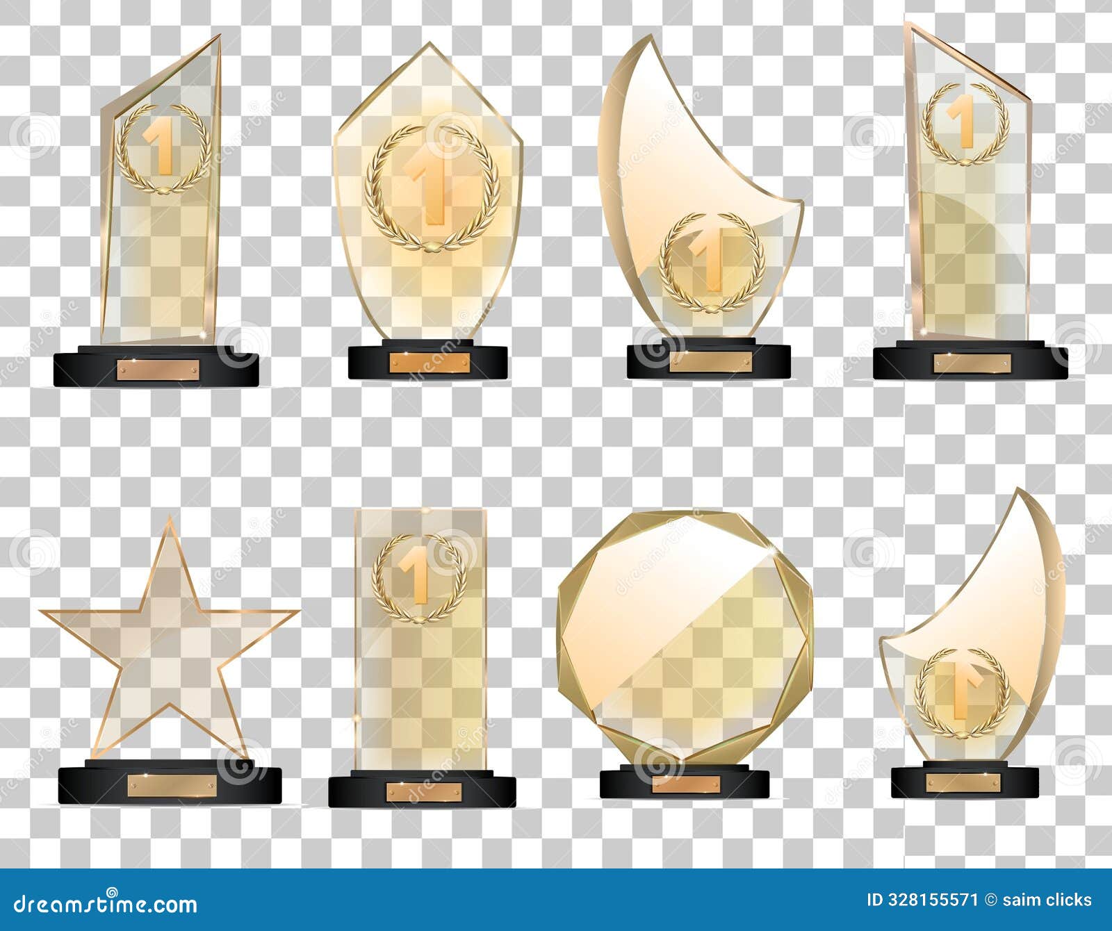 A Set of 1st Prize Gold Glass Awards in Various Shapes: Rectangular ...