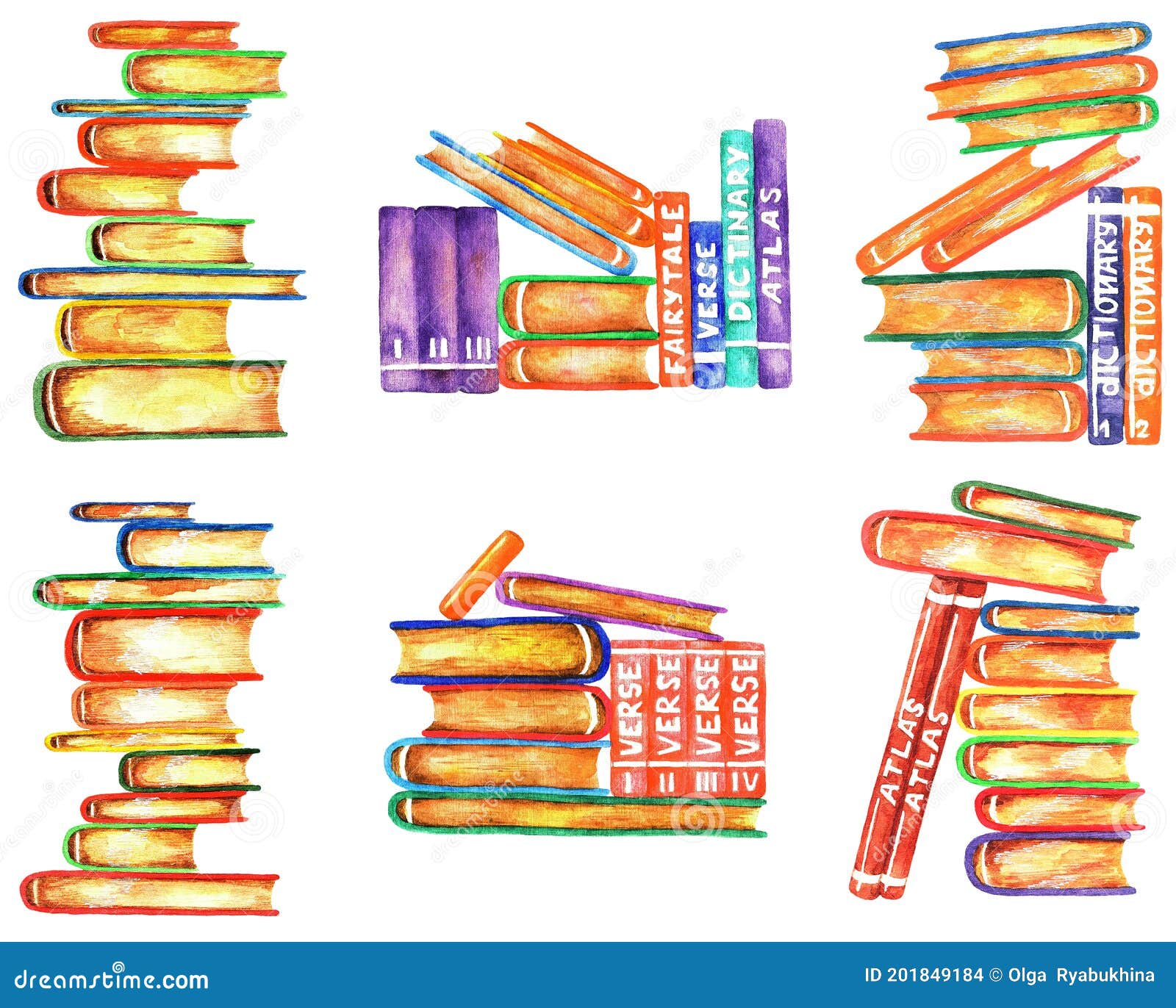 Set of Stack of Books, Watercolor Stock Illustration - Illustration of ...