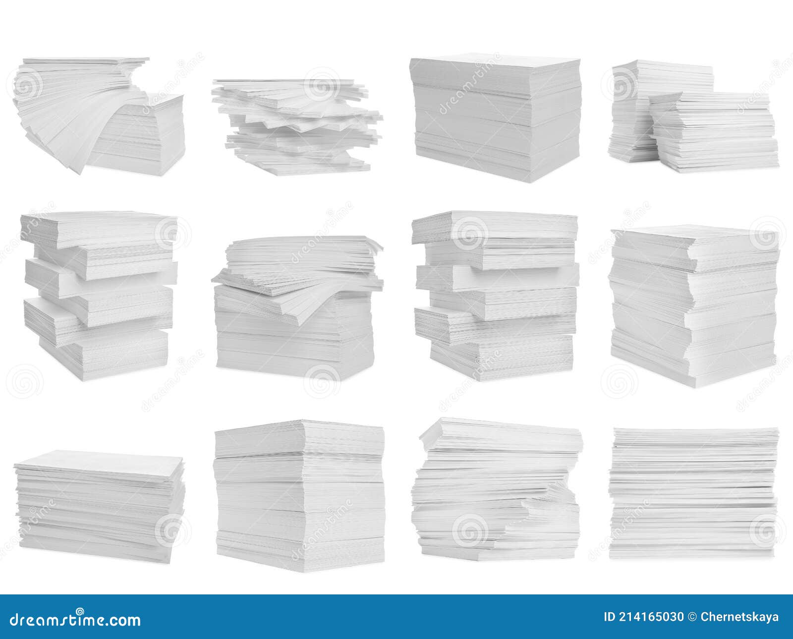 Set with Stacks of Blank Paper on White Background Stock Photo - Image ...
