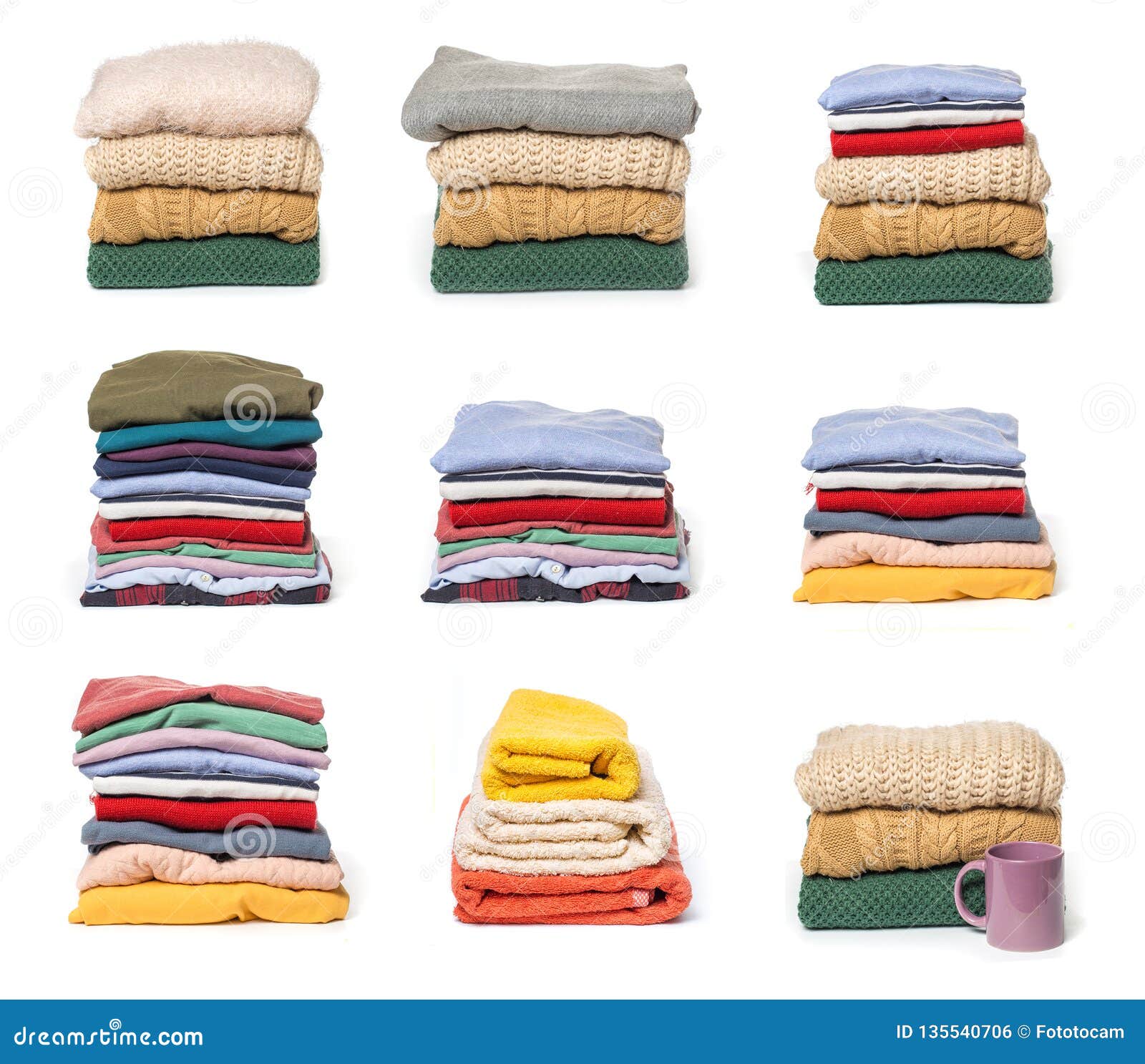 Set of Stacks of Folded Clothes on White Background Stock Photo - Image ...