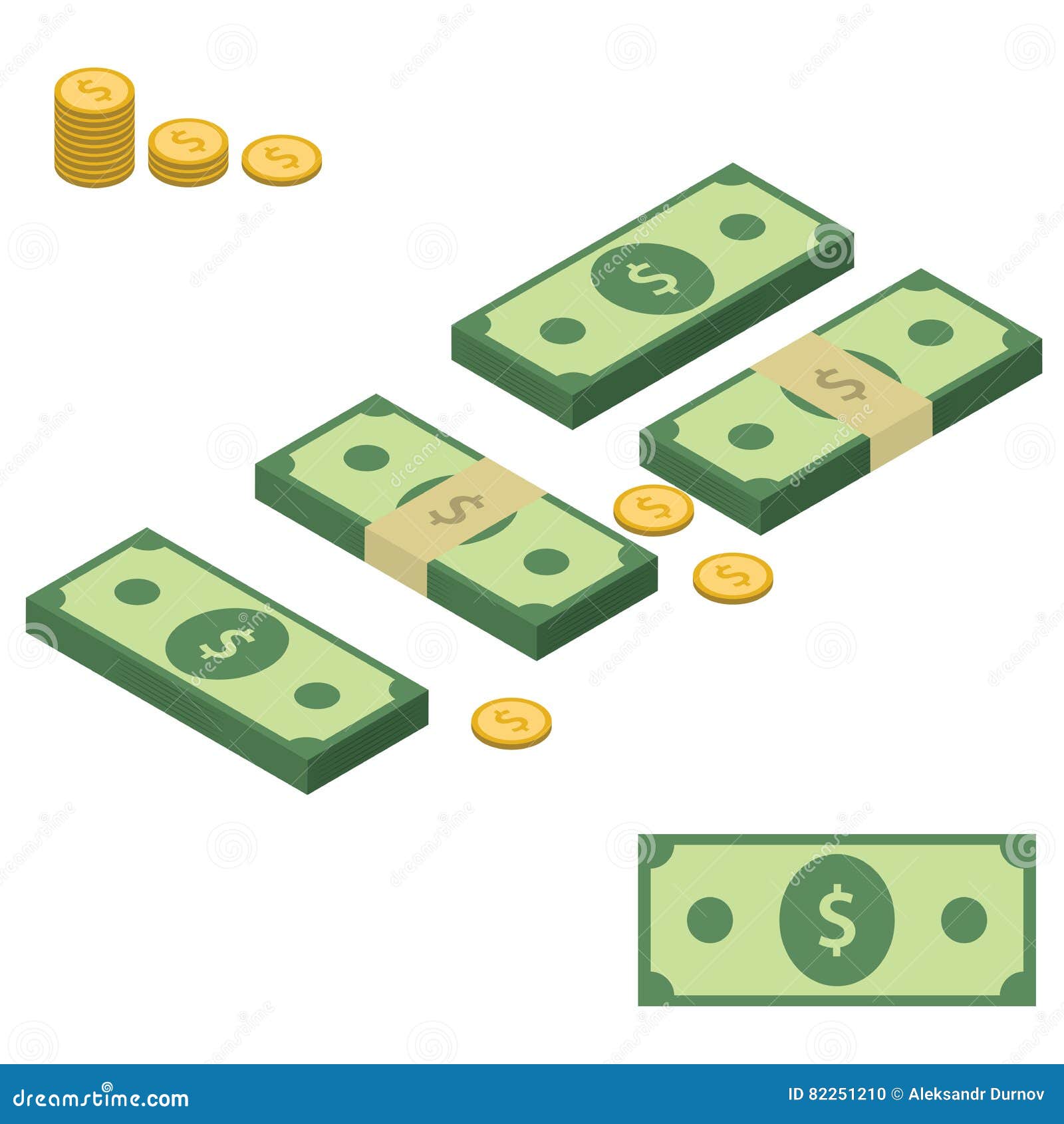 Set of Stacks of Money. Banknotes and Coins. Isometric Elements for ...