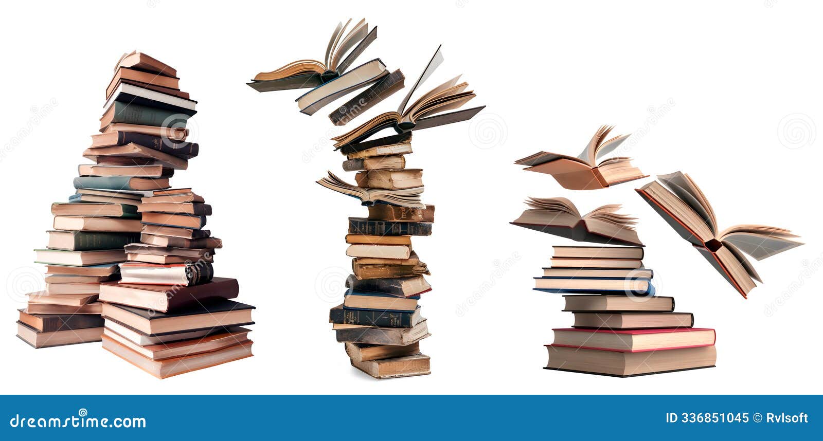 Set of Stacks of Open Books with Flying Books, Isolated on Transparent ...