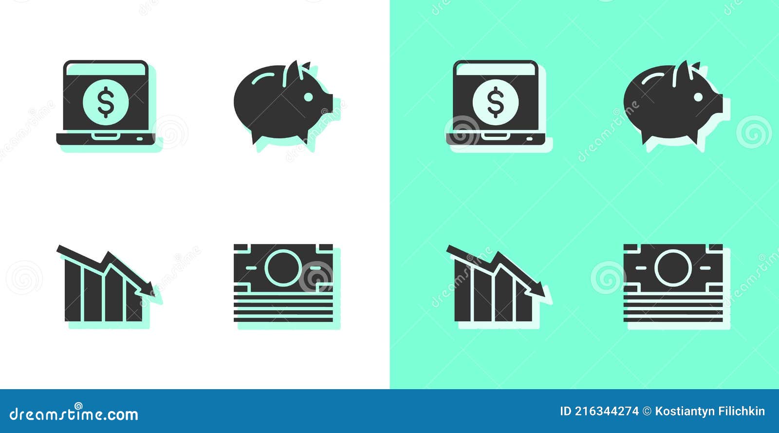Set Stacks Paper Money Cash, Laptop with Dollar, Financial Growth Decrease and Piggy Bank Icon ...