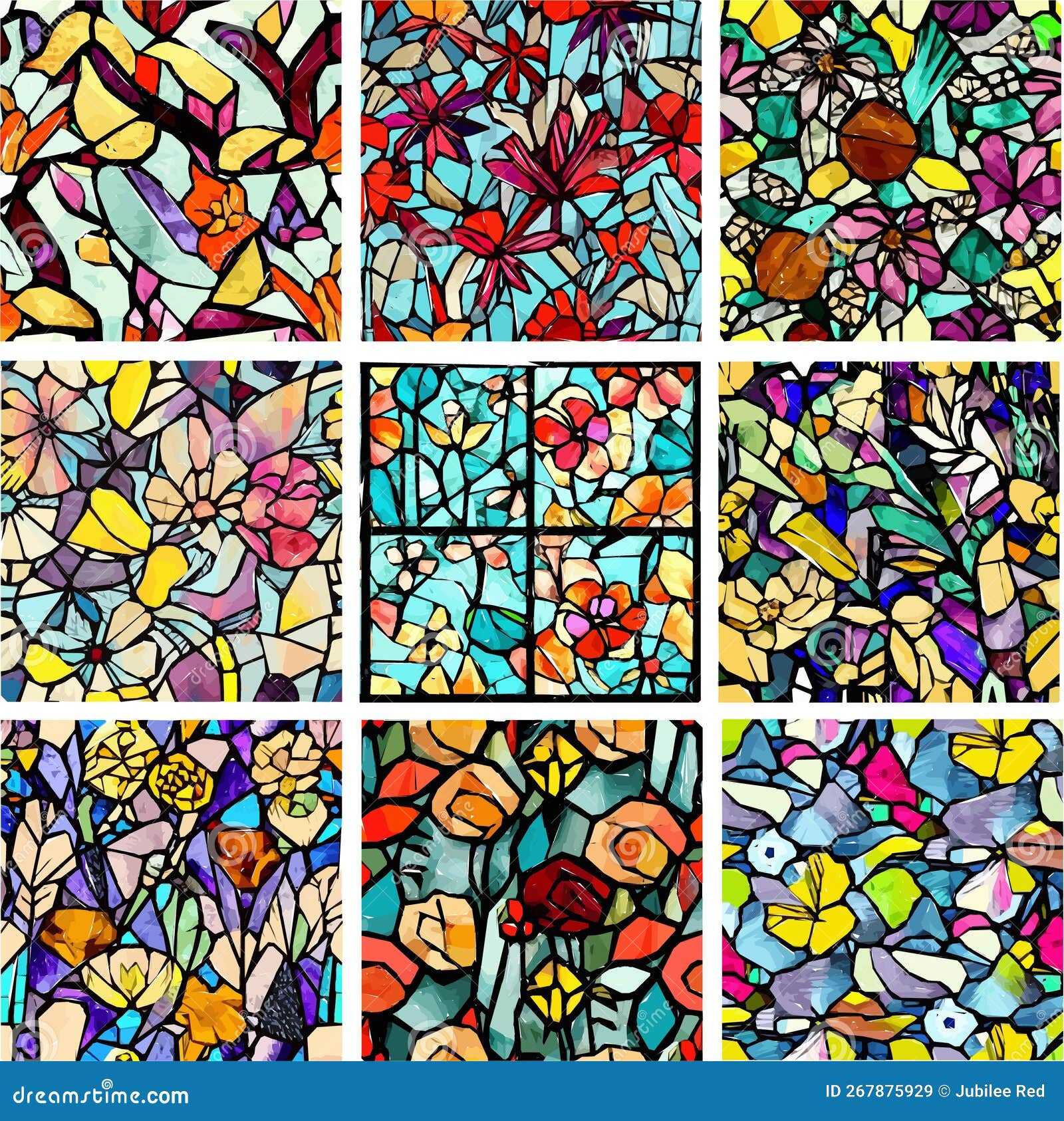 Set Of Stained Glass Patterns With Flowers And Leaves Colorful Vector Backgrounds Stock Vector