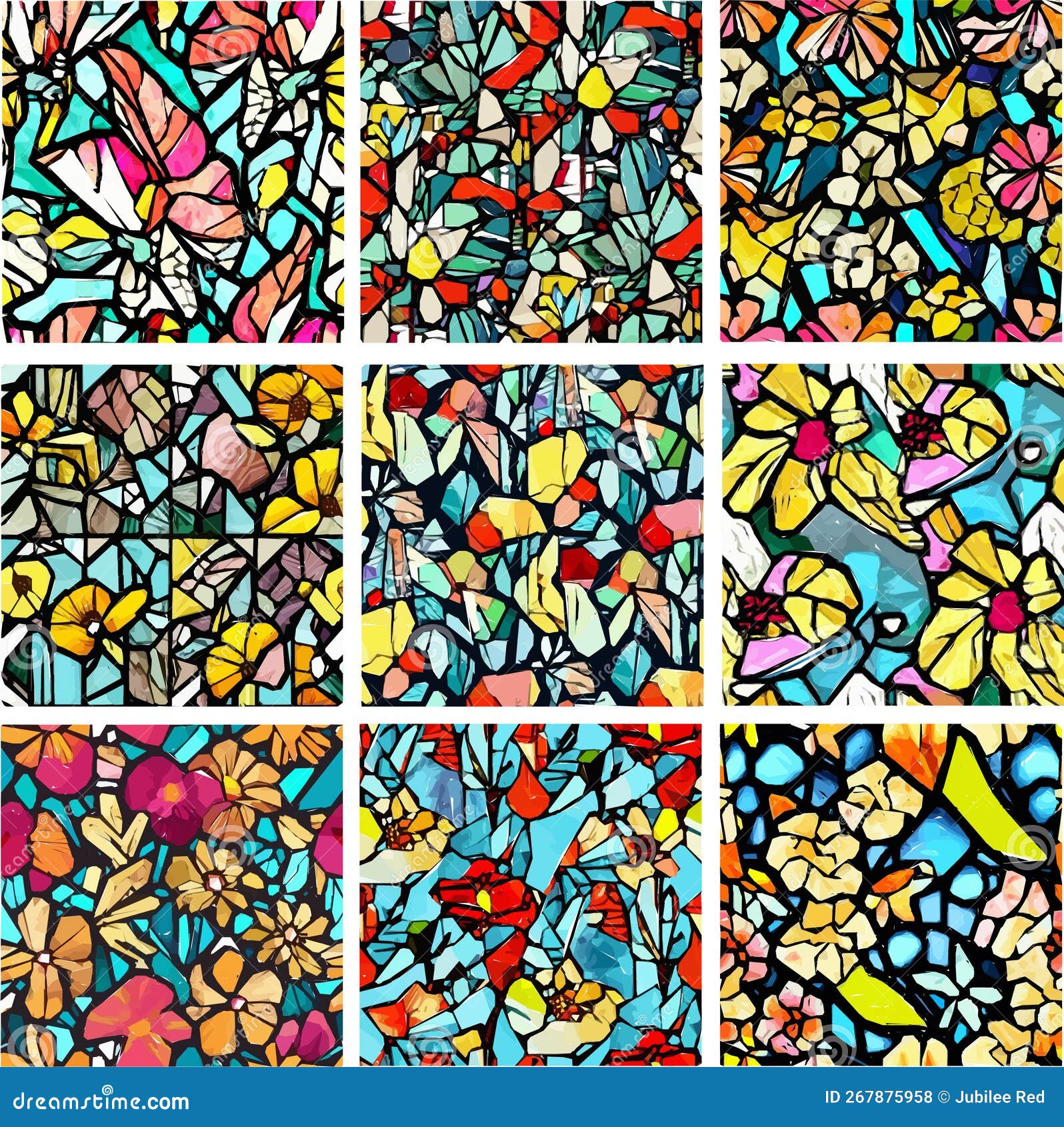 Set Of Stained Glass Patterns With Flowers And Leaves Colorful Vector Backgrounds Stock Vector