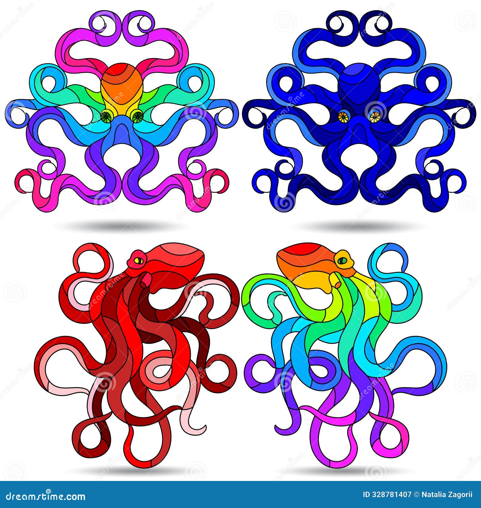 A Set of Stained Glass Elements with Octopuses, Animals Isolated on ...