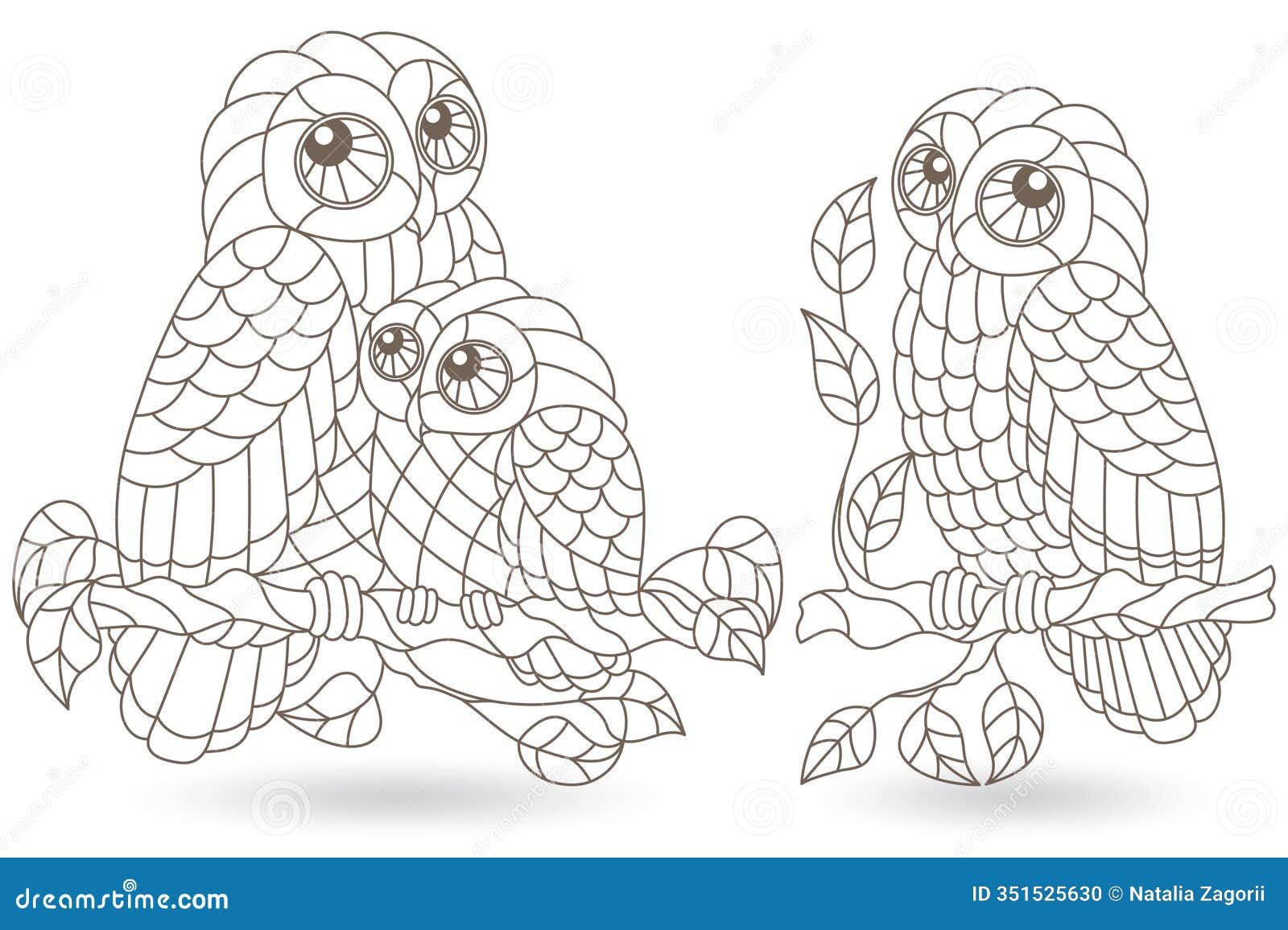 A Set of Stained Glass Elements with Owls, Contour Birds Isolated on ...