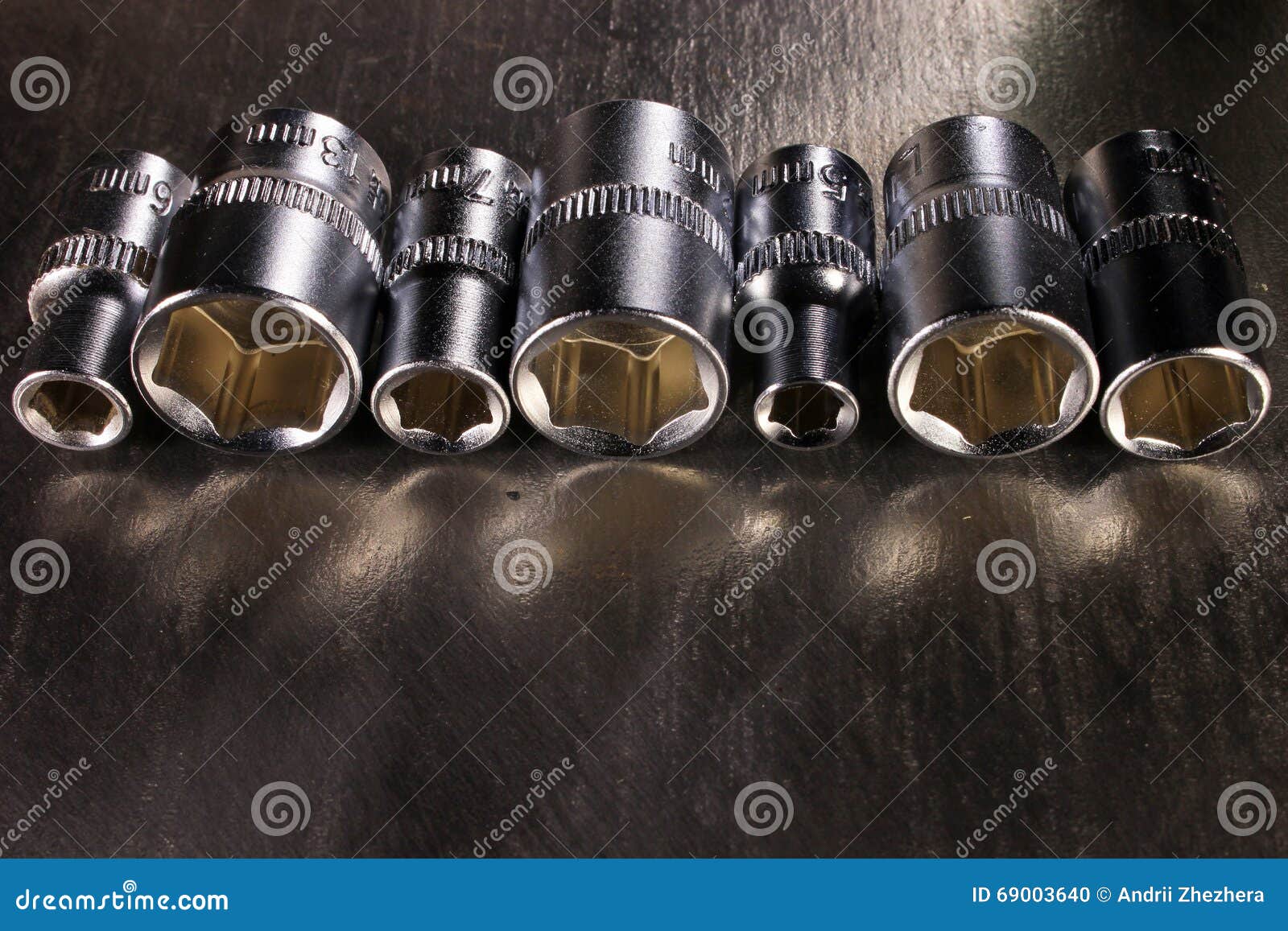 Set of Stainless Steel Hex Sockets on Shiny Metal Surface Stock Photo ...
