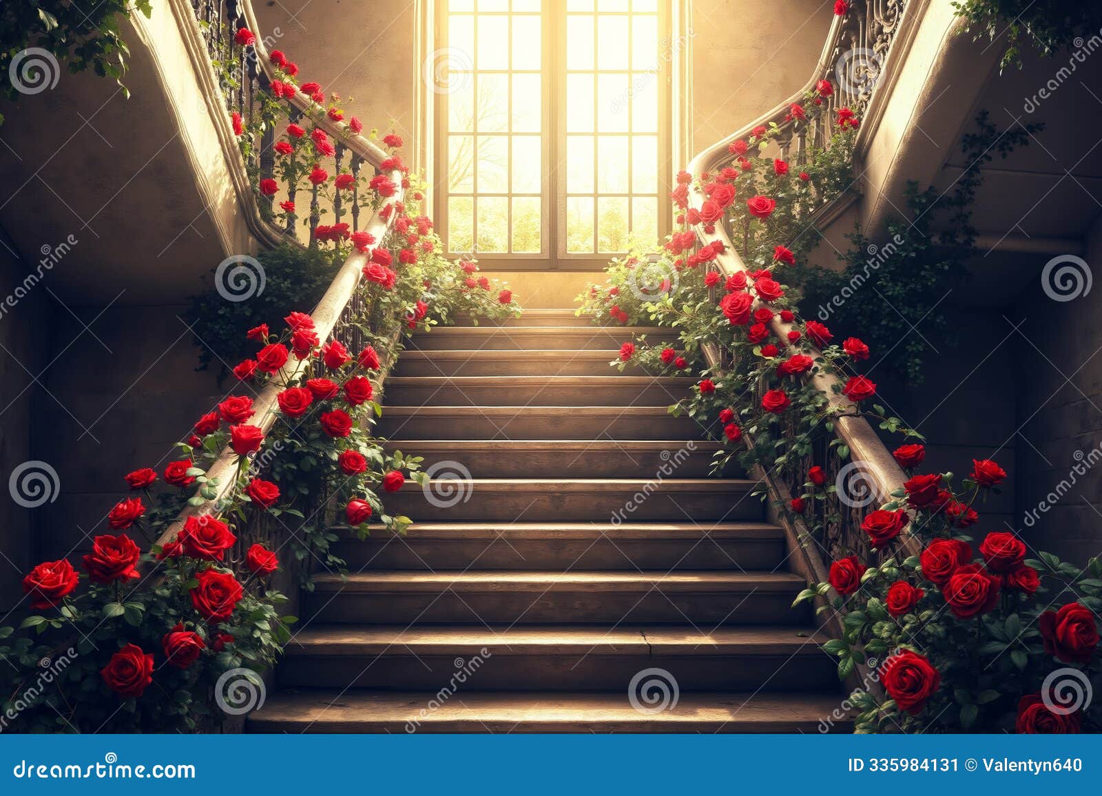 A Set of Stairs with Red Roses Growing Up the Side of it Stock Image ...