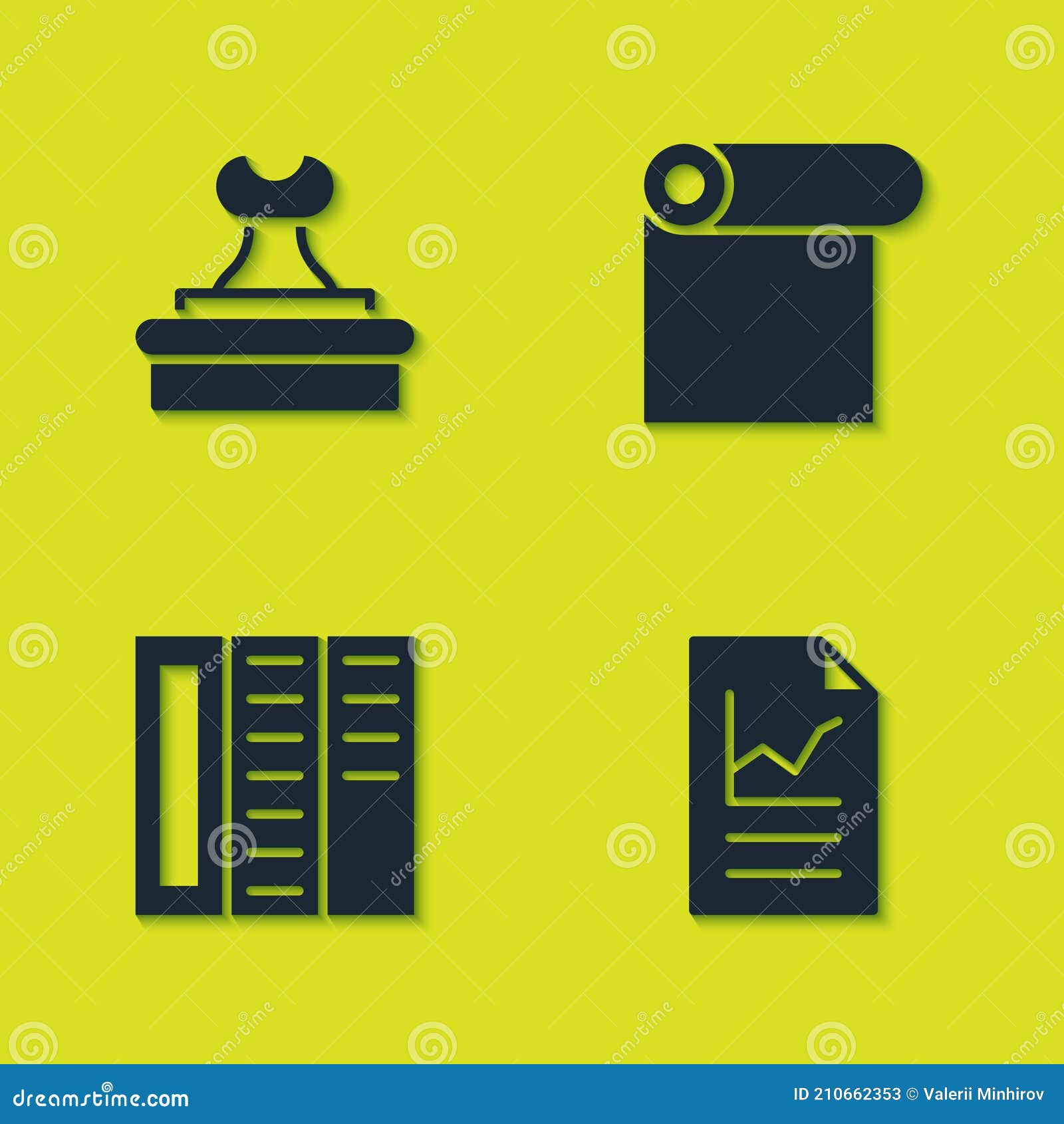 Set Stamp, Document with Graph Chart, Brochure and Roll of Paper Icon ...