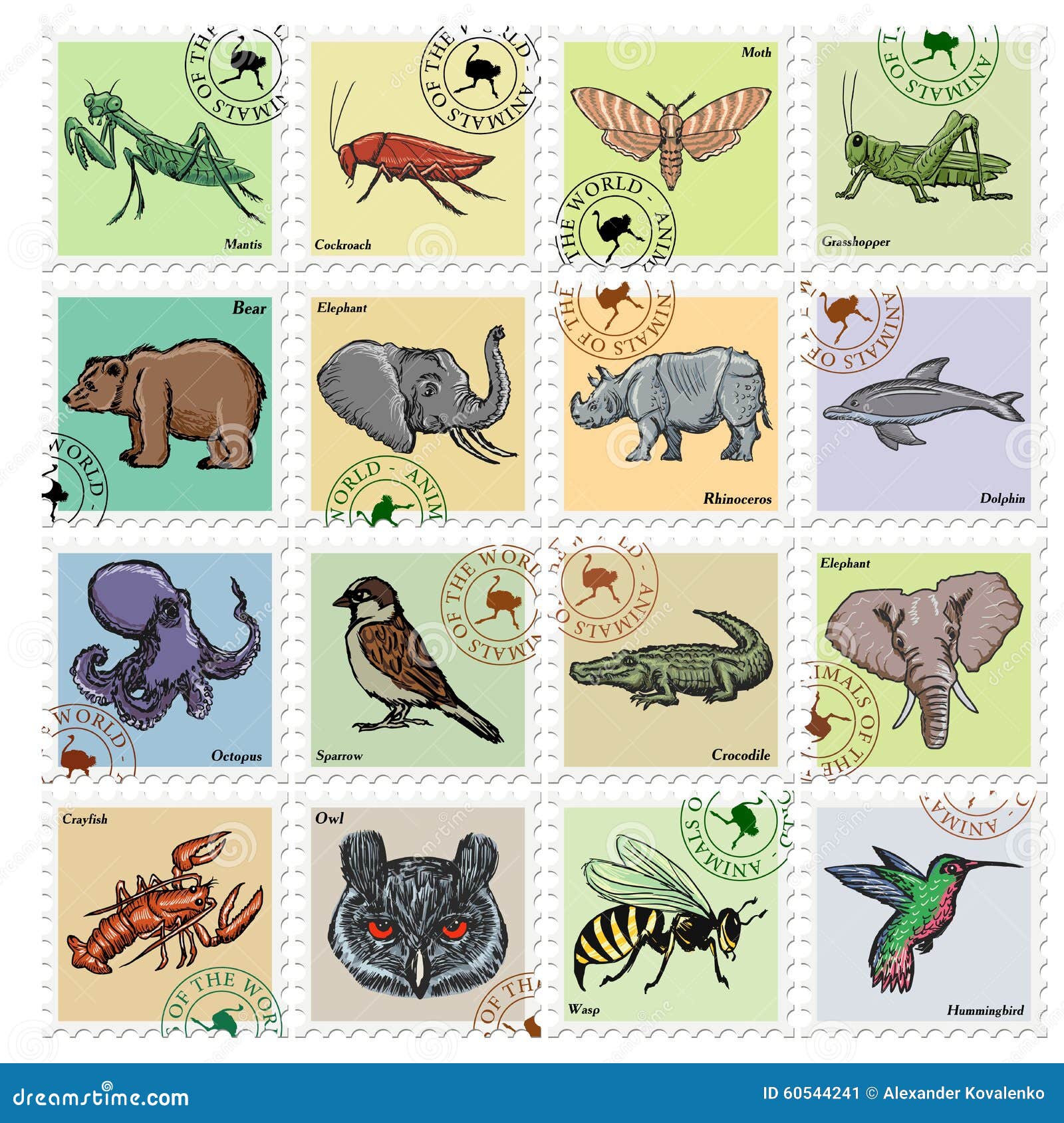 Set of Stamps with Different Animals Stock Illustration - Illustration ...