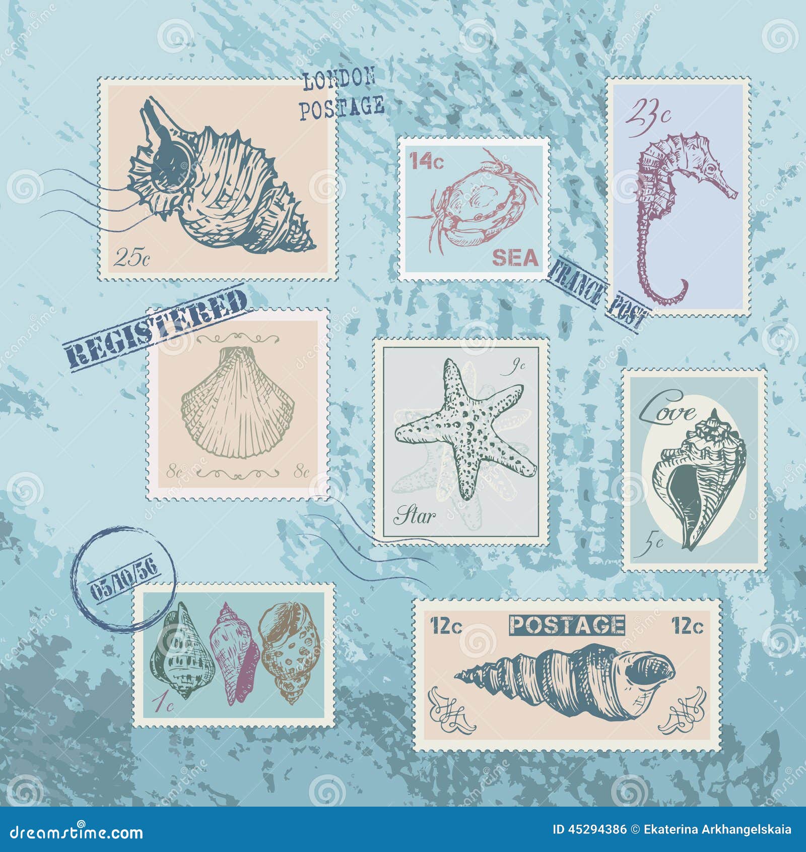 Set of Stamps with Line Drawing Shells Stock Vector - Illustration of ...