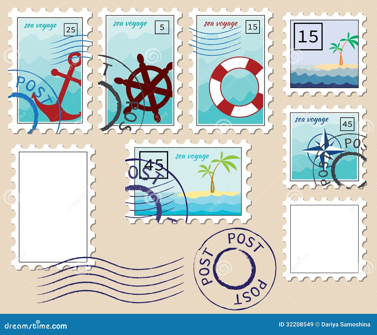 Set of Stamps on Theme of the Sea Stock Vector - Illustration of shape ...