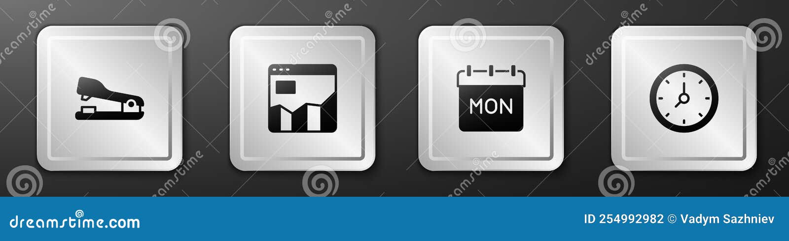 Set Stapler, Graph Chart Infographic, Calendar and Clock Icon. Silver ...