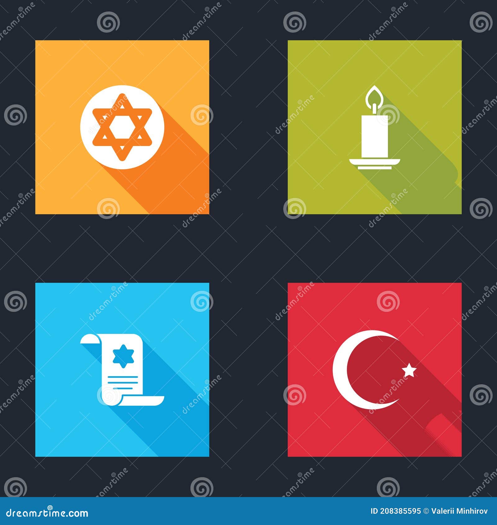 Set Star De David Candle Quema Torah Scroll Y Crescent Icon. Vector ...