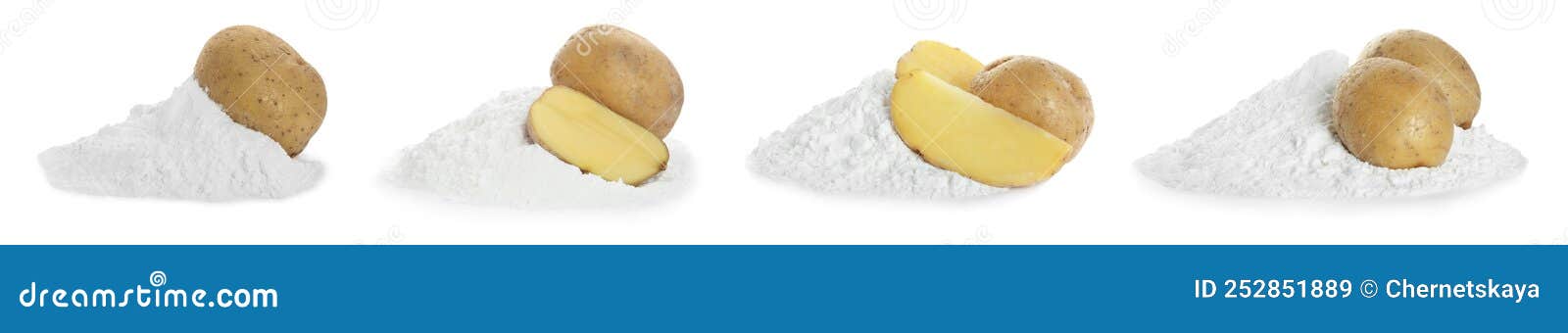 Set with Starch and Fresh Potatoes on White Background. Banner Design ...