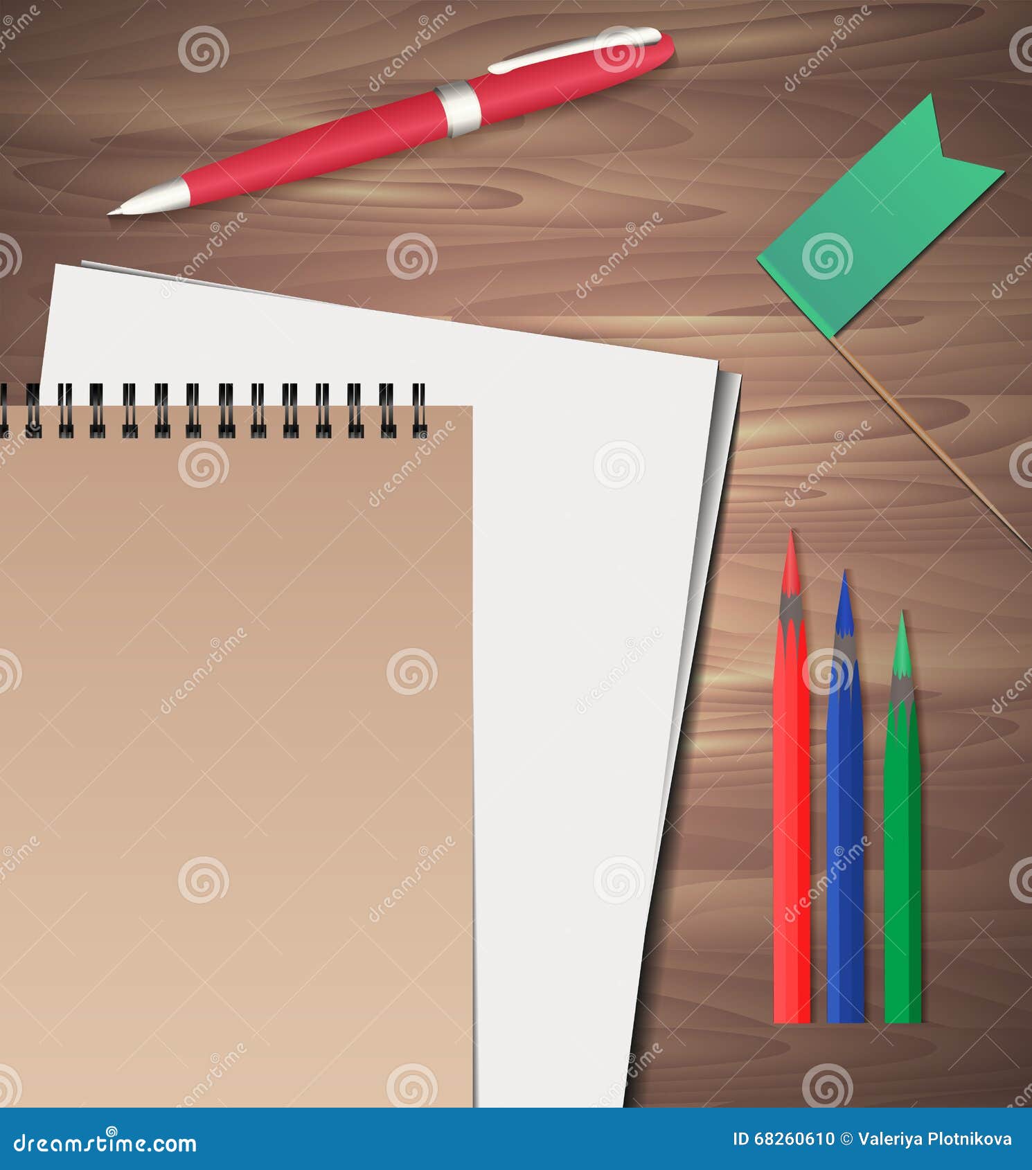 Set of Stationery on Wooden Background Stock Vector - Illustration of ...