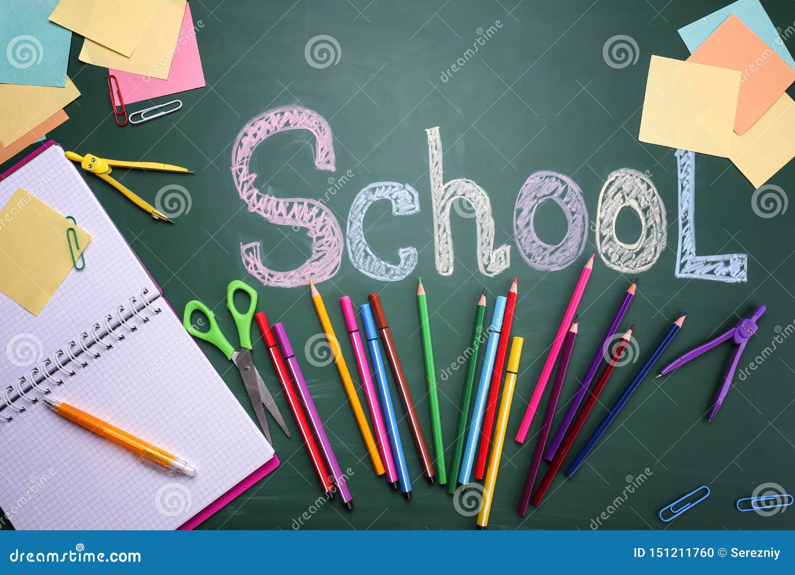 Set of Stationery and Word SCHOOL Written on Chalkboard Stock Photo ...