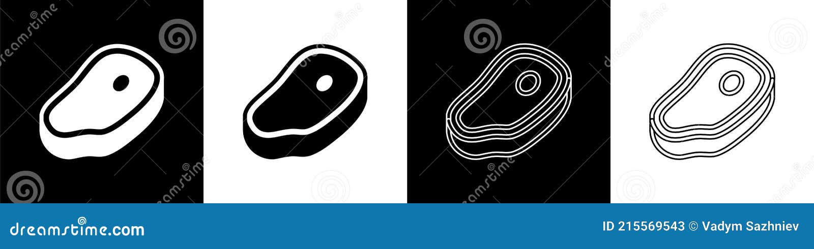 Set Steak Meat Icon Isolated on Black and White Background. Vector ...