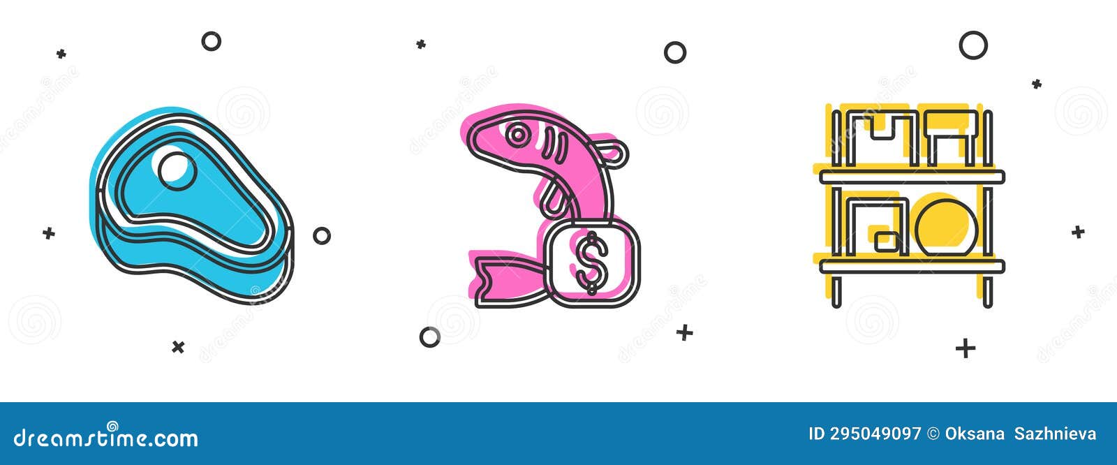 Set Steak Meat, Price Tag for Fish and Warehouse Interior with Boxes ...